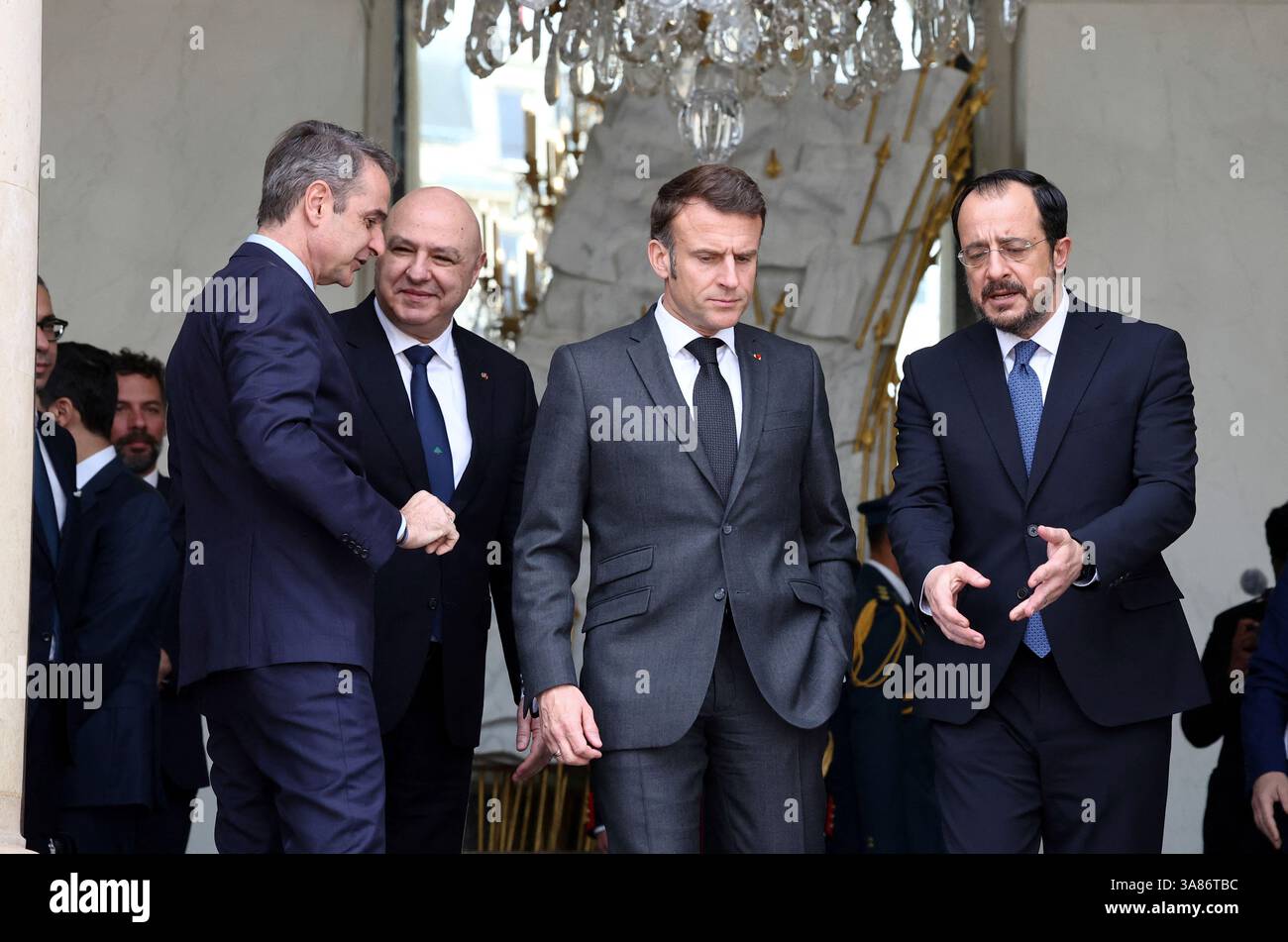 French President Emmanuel Macron, second right, Lebanese President ...