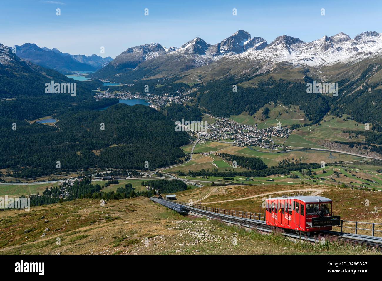 View of St. Moritz, Celerina and the Engadin lakes from top of Muottas ...