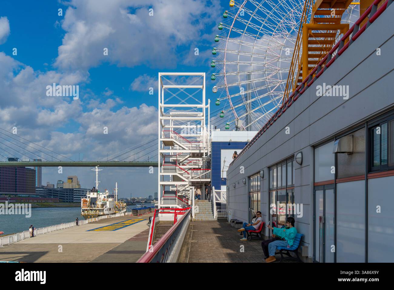 View of Tempozan Harbor Village and ferris wheel, Kaigandori, Minato ...