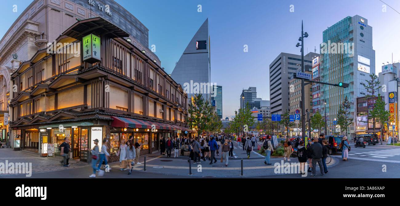 View of shops and shoppers on busy shopping street at dusk, Osaka ...