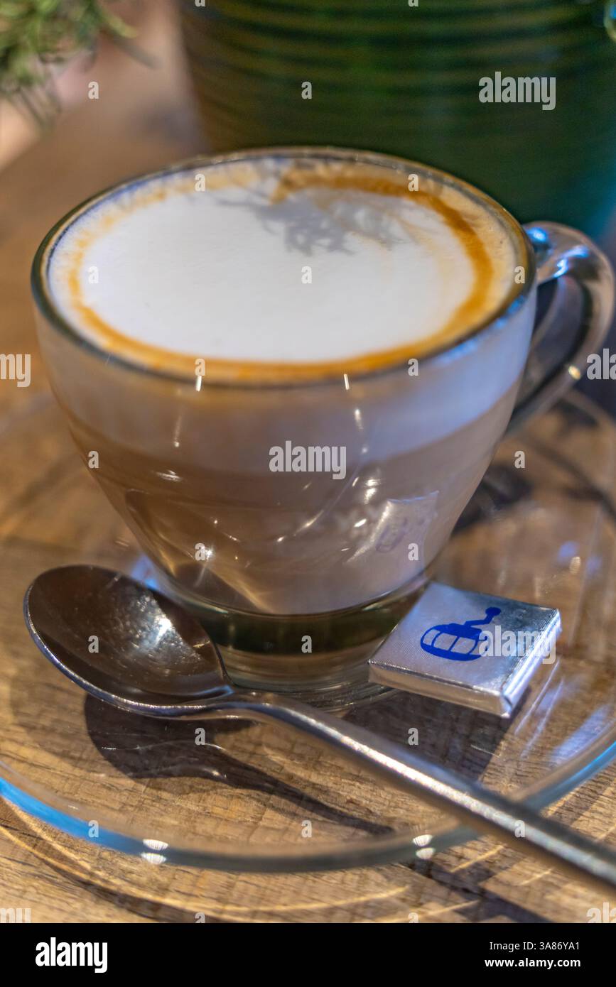 View of coffee in cafe at Skyway Monte Bianco cable car station in ...