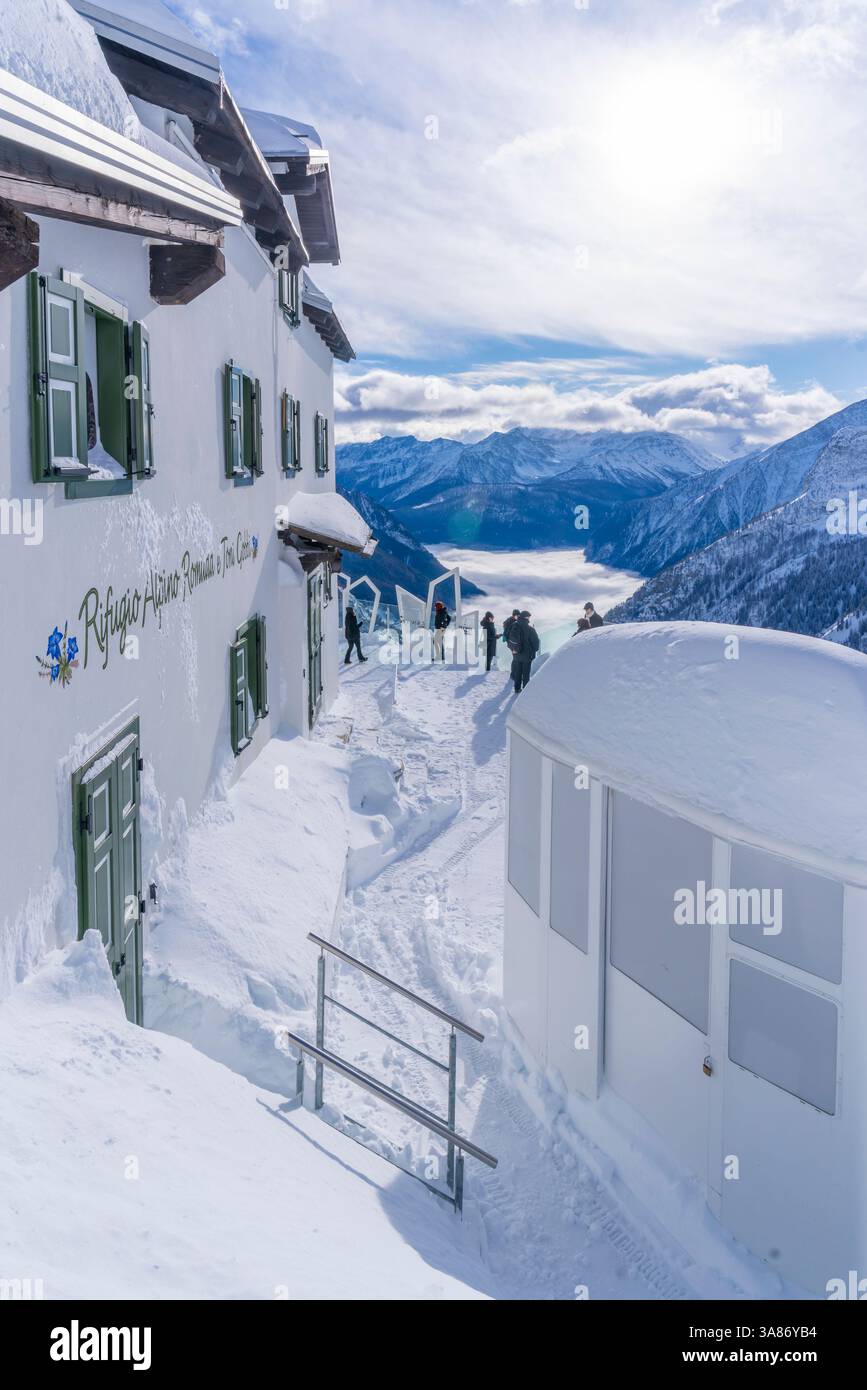 View of snow covered Aosta Valley from refuge cabin at Pavillon du Mont ...