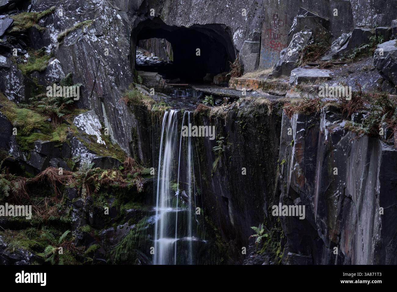 Waterfall from Slate Cavern Tunnel entrance, Dinorwig Quarry (Dinorwic ...