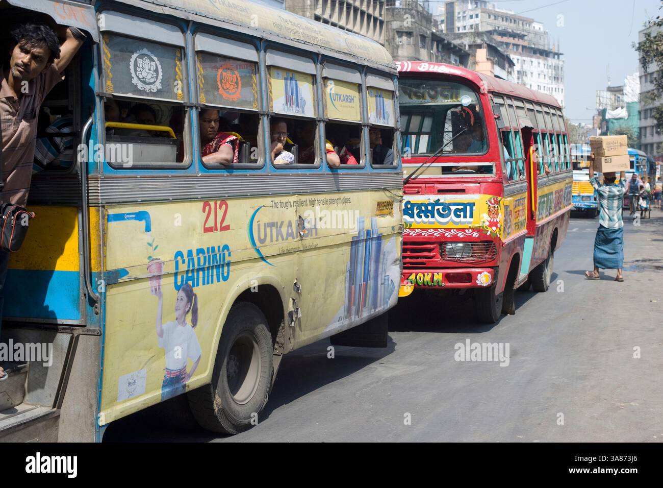Buses in main street traffic jam in north central Kolkata (Calcutta ...