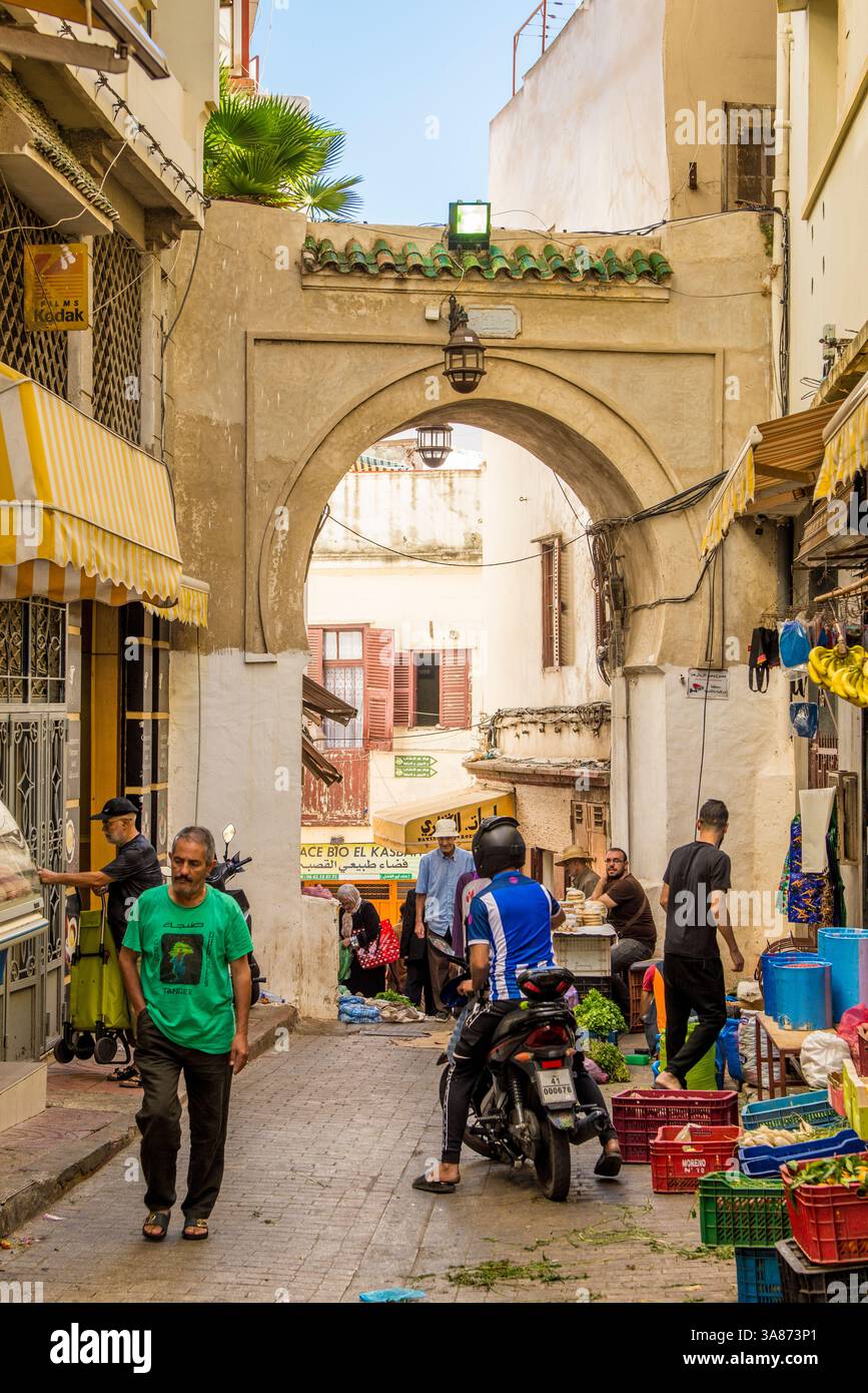 Shops along narrow cobblestone streets of Kasbah in Bab Al Fahs, old ...