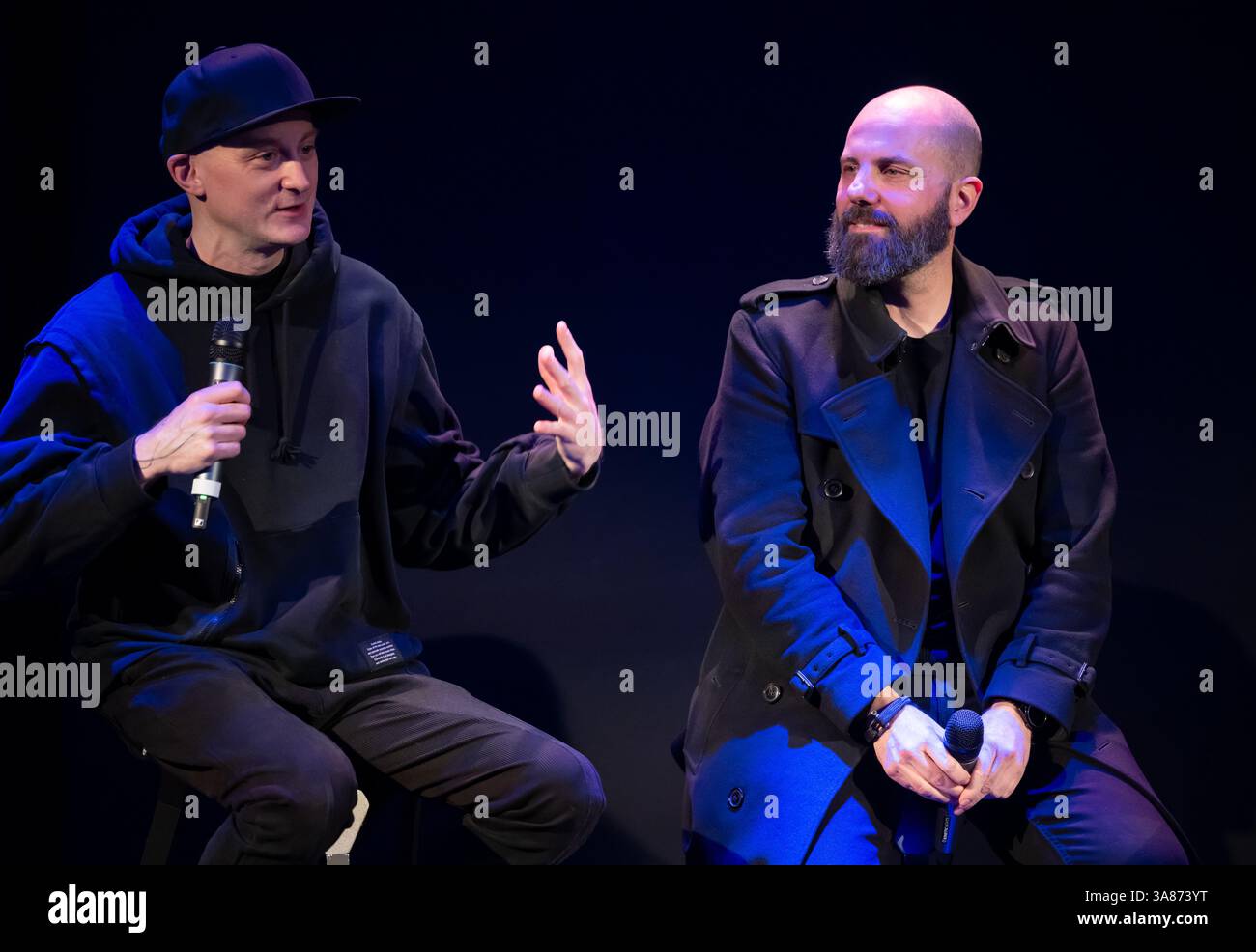 28 March 2025, Berlin: Artists Kangding Ray (l) and Christopher Bauder ...