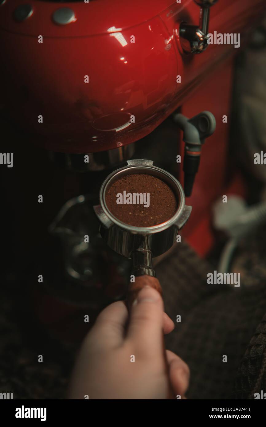 Fresh specialty coffee grounded on espresso machine bottomless ...