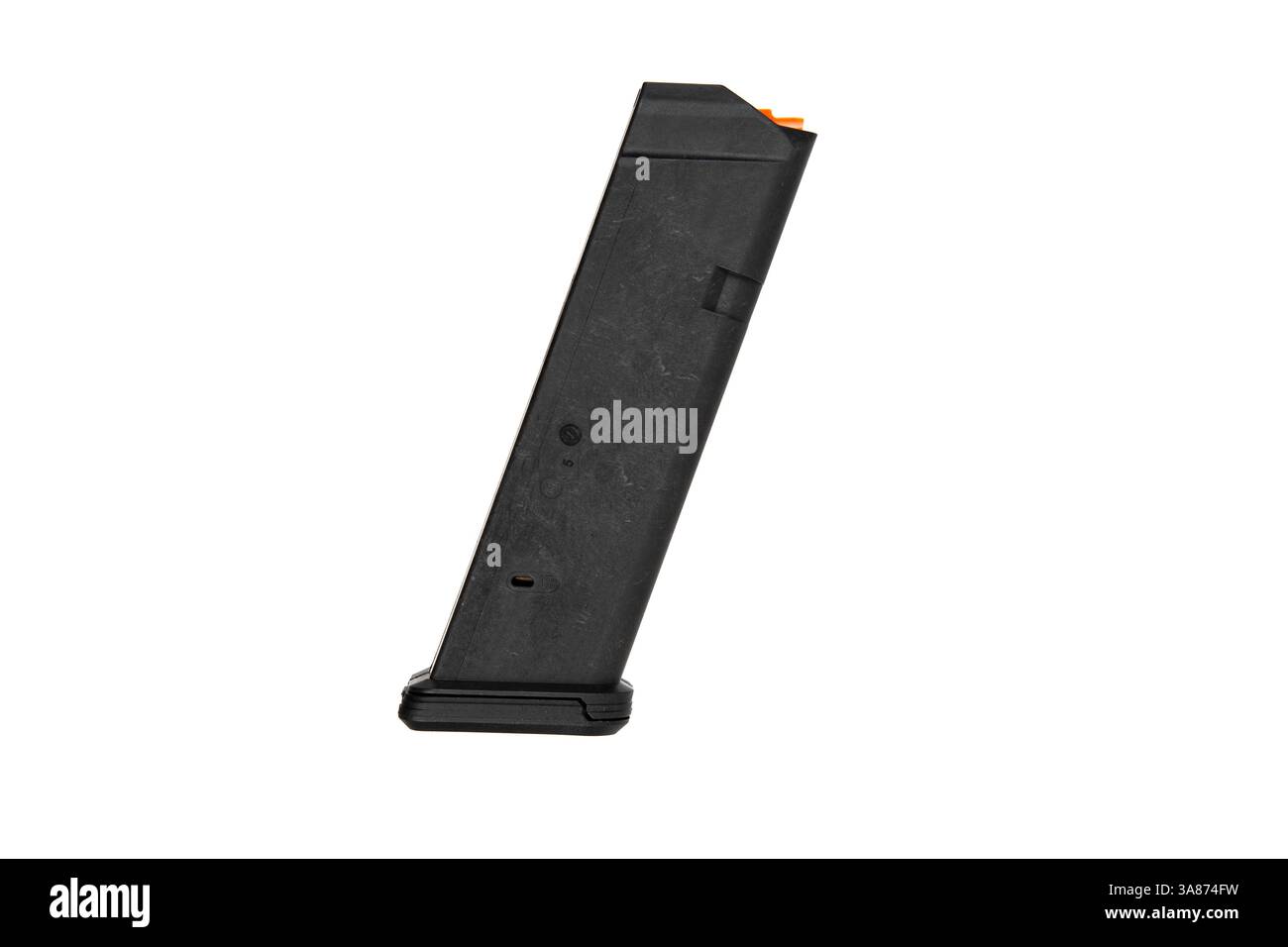 A black pistol magazine with an orange follower, isolated on a white ...
