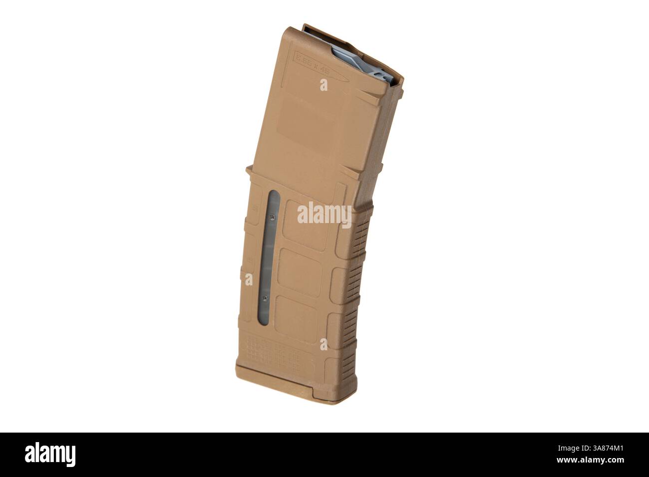 A tan polymer rifle magazine for 5.56x45mm rounds, featuring a ...