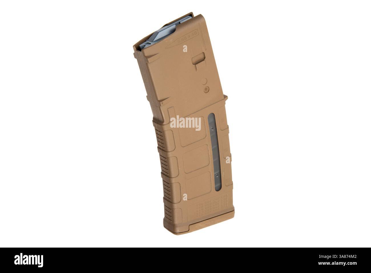 A tan polymer rifle magazine for 5.56x45mm rounds, featuring a ...
