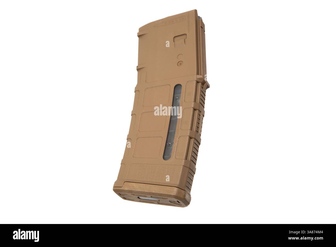 A tan polymer rifle magazine for 5.56x45mm rounds, featuring a ...