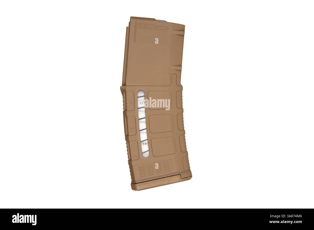 A tan polymer rifle magazine for 5.56x45mm rounds, featuring a ...
