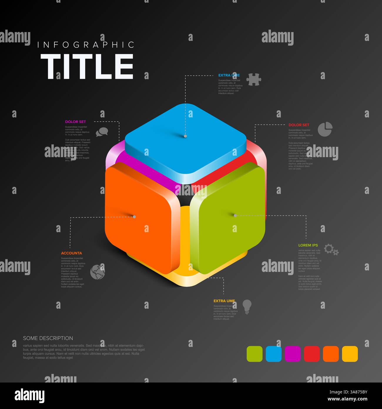 A 3D colorful dark infographic cube with segmented blue, orange, green ...
