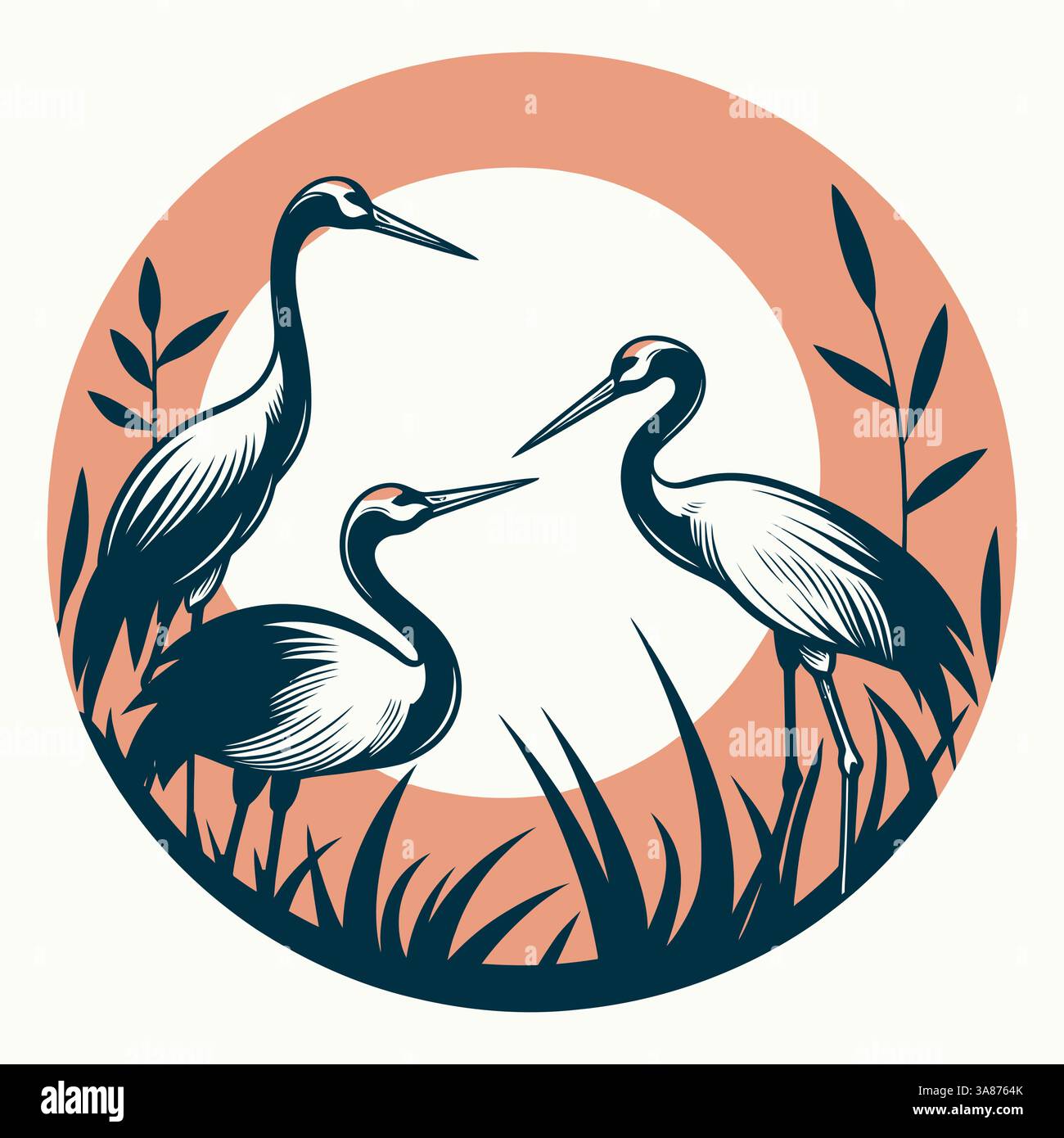 Crane Trio Graphic with Sunset. Stylized Vector illustration of cranes ...