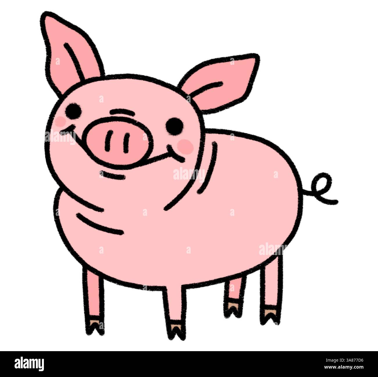 A cute chubby pink blushing pig illustration with thick black outlines ...