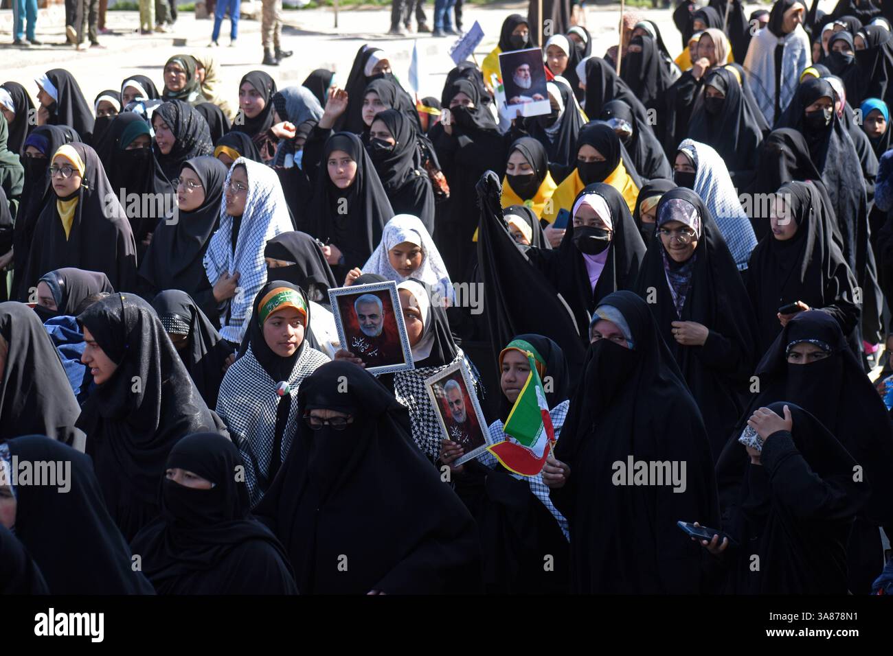 On March 28, 2025, Kashmiri girls carrying flags and posters marched ...