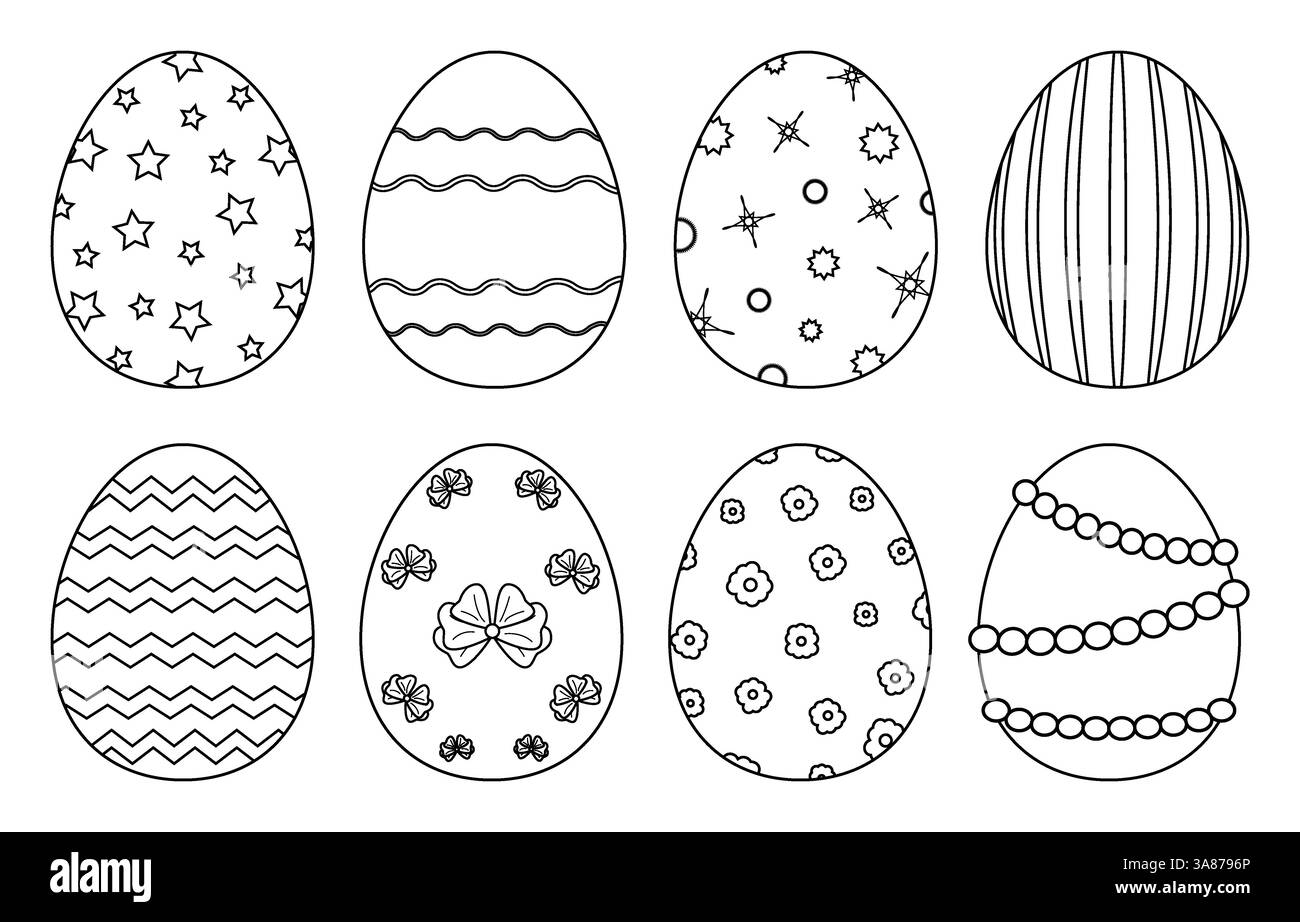 Collection of black and white Easter eggs with various decorative ...