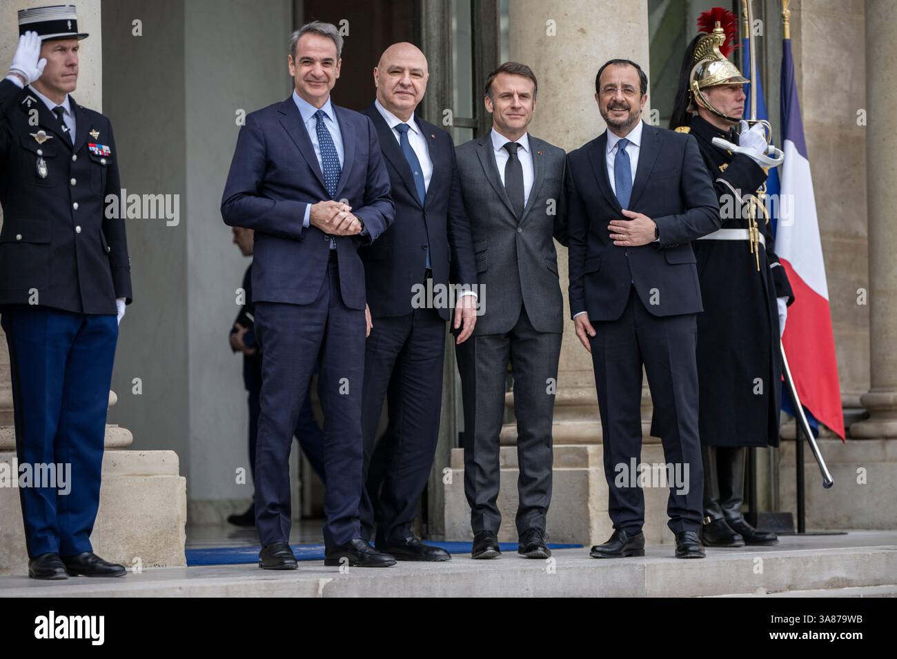 France's President Emmanuel Macron (C) poses with (From L) Greek Prime ...