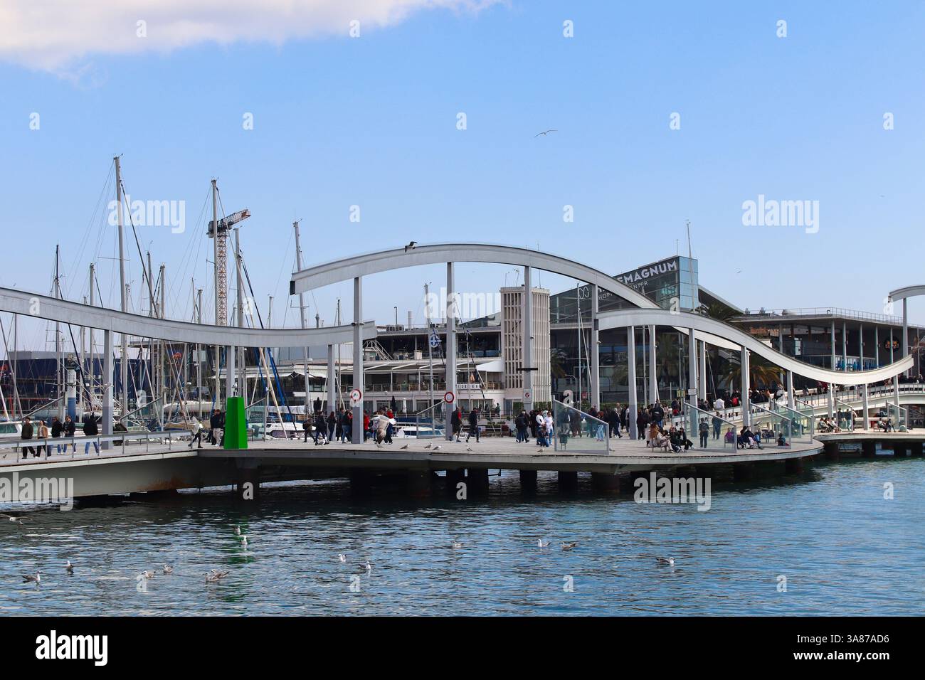 Barcelona, Spain - March 15 2025: Rambla de Mar Pedestrian Bridge with ...