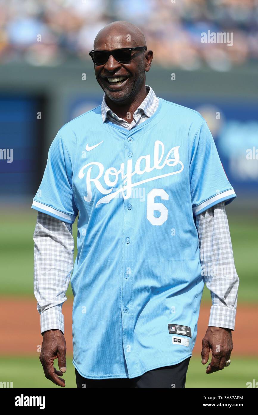 KANSAS CITY, MO - MARCH 27: Former Kansas City Royals great Willie Wilson (6) smiles after ...
