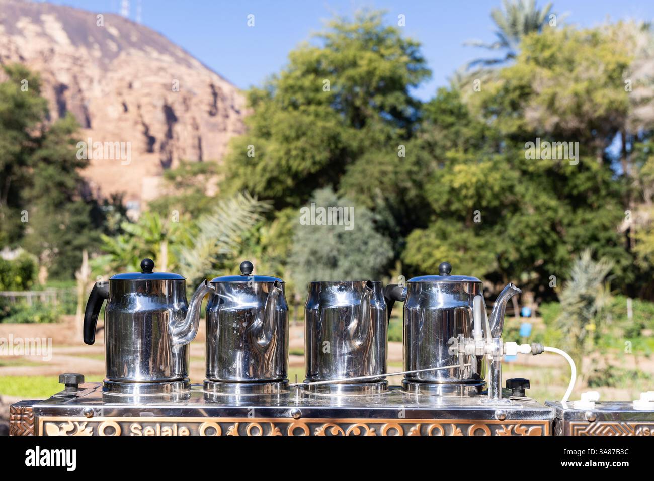Al Ula, Saudi Arabia, February 12 2024: Coffee pots in a coffee bar in ...