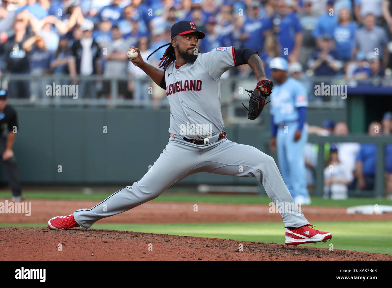 KANSAS CITY, MO - MARCH 27: Cleveland Guardians pitcher Emmanuel Clase ...