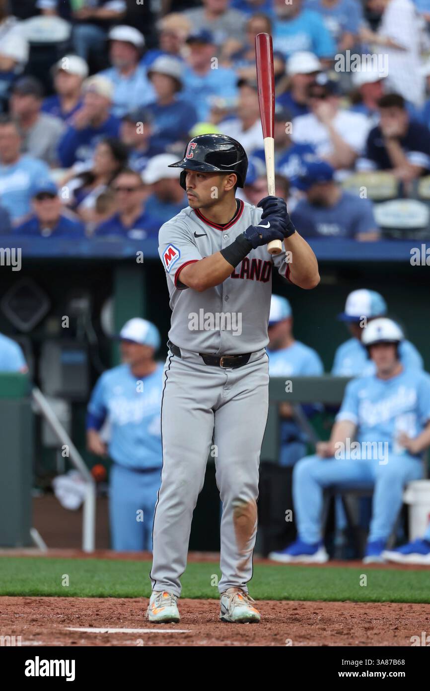 KANSAS CITY, MO - MARCH 27: Cleveland Guardians outfielder Steven Kwan ...