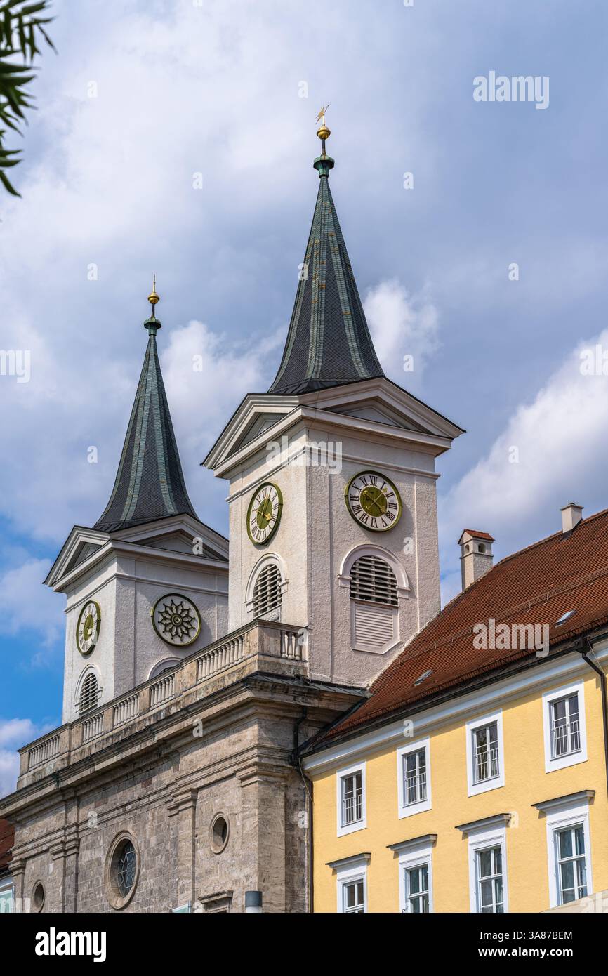 Close view of the double clock towers of St. Quirinus parish church in ...
