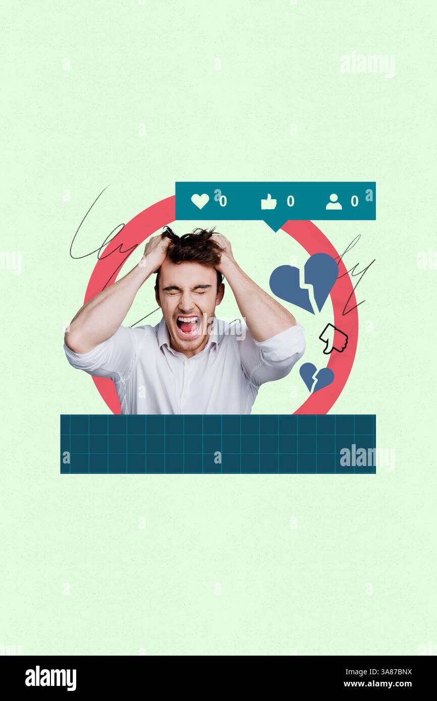 Exclusive image vertical photo collage of angry man tear hair scream ...