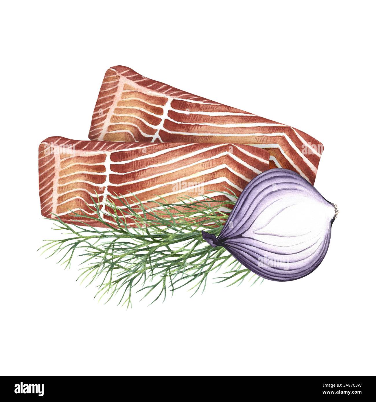 Sliced fillet of red fish with dill and onion. Hand-drawn watercolor ...