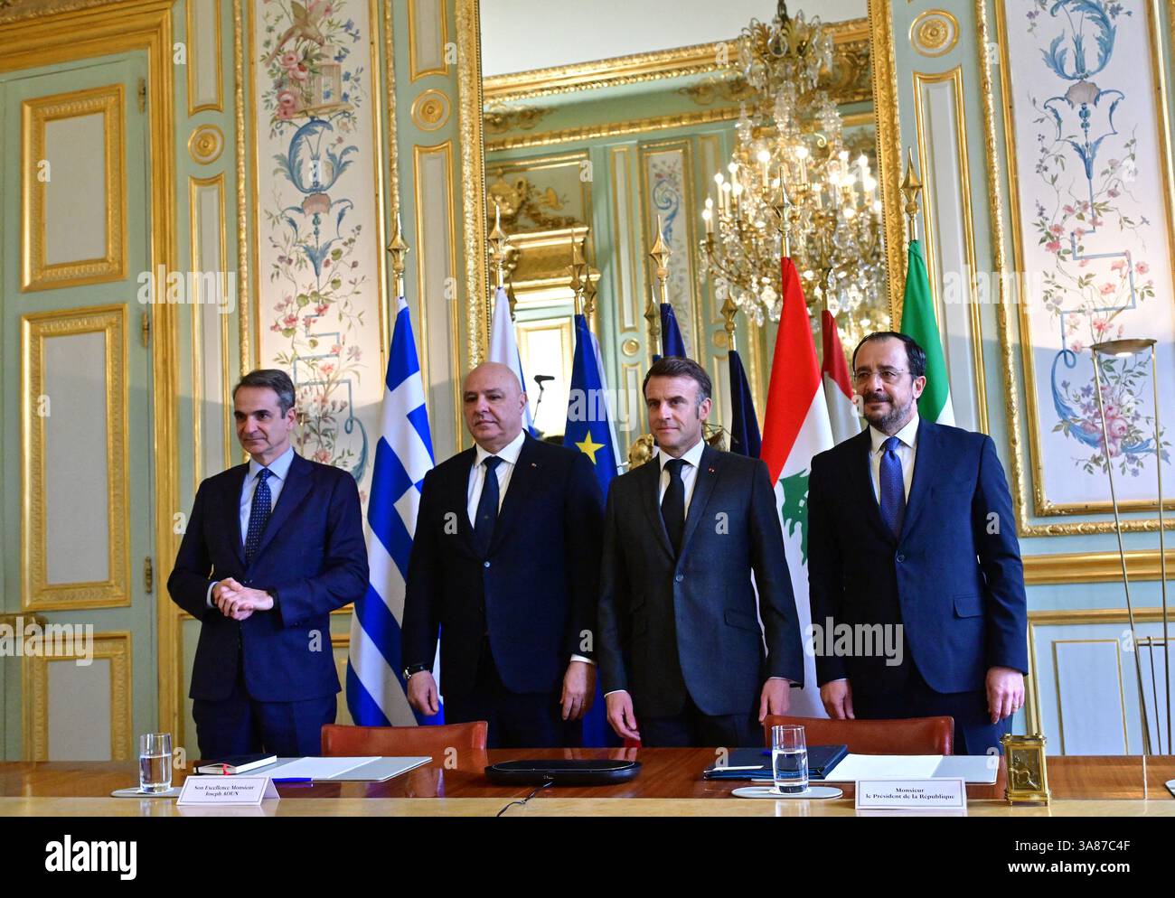 Greece's Prime Minister Kyriakos Mitsotakis (L), Lebanese President ...