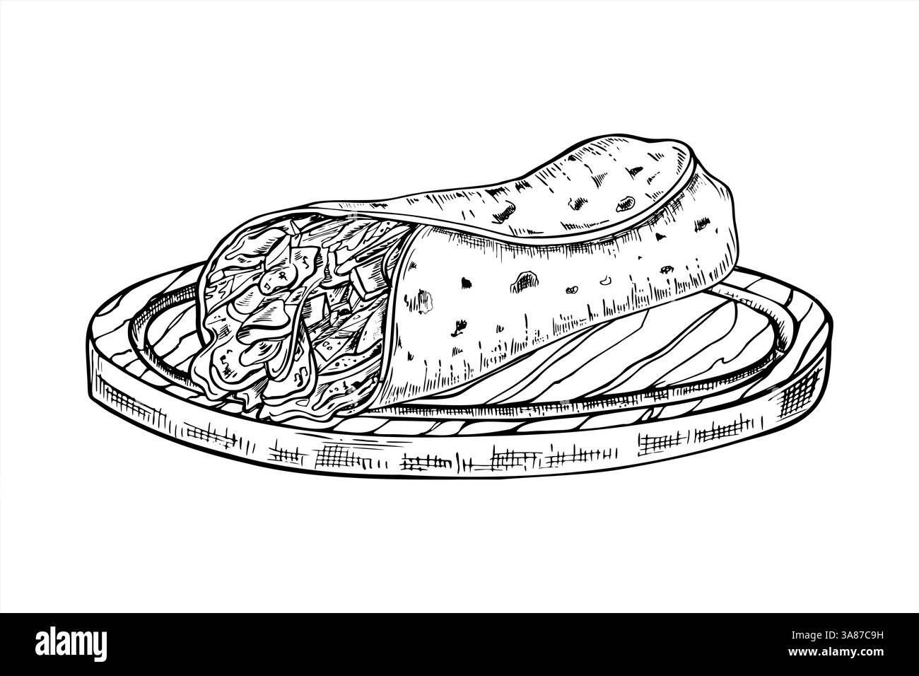 Tortilla wrap filled with meat and vegetables, placed on rustic wooden round board vector art ...