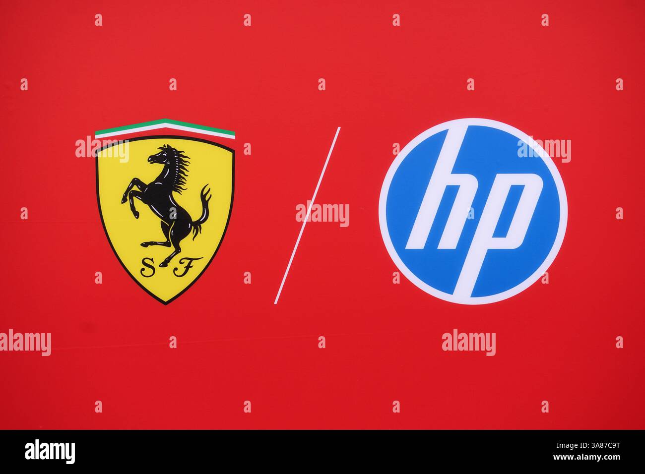 A general view of the Ferrari and HP logo on day one of pre-season ...