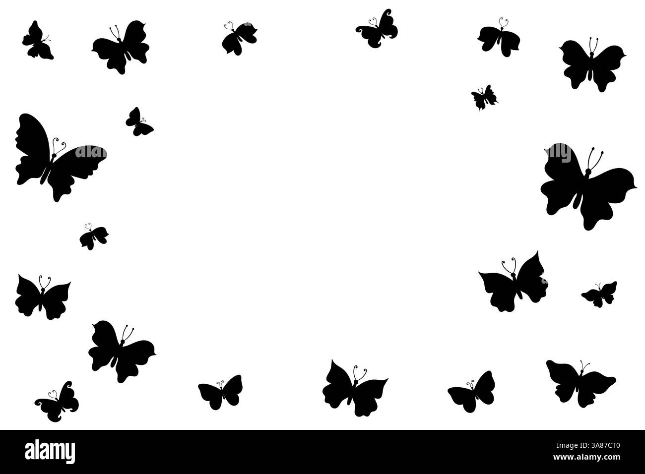 Butterflies silhouette flying, border arrangement isolated on white ...