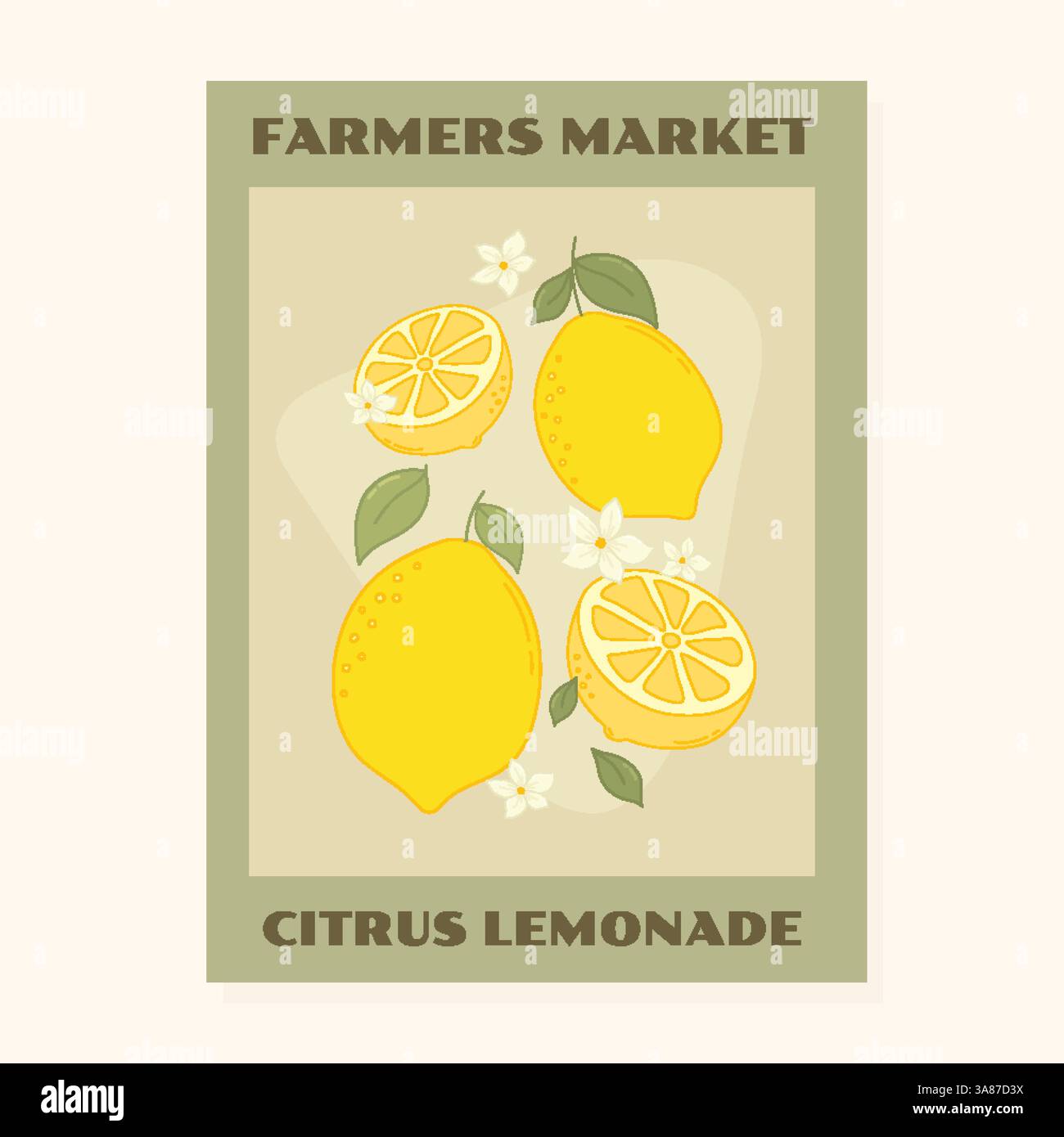 Retro Fruit Market Poster Design with Lemons. Modern groovy wall art ...