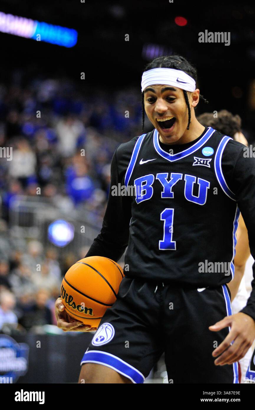Newark, USA. 27th Mar, 2025. BYU's Trey Stewart (1) during the East ...