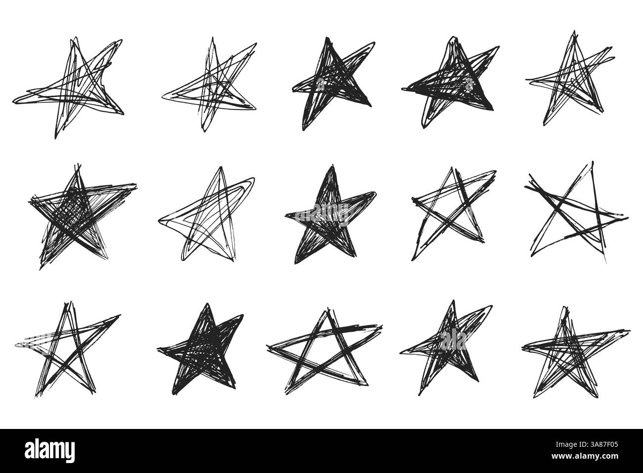 Scribble stars set, messy lines stars set. Tangled chaotic crazy lines ...