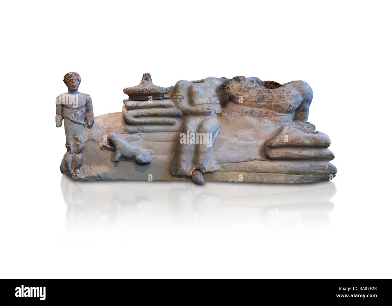 Etruscan cinerary urn depicting a reclining man on a Kline with the ...