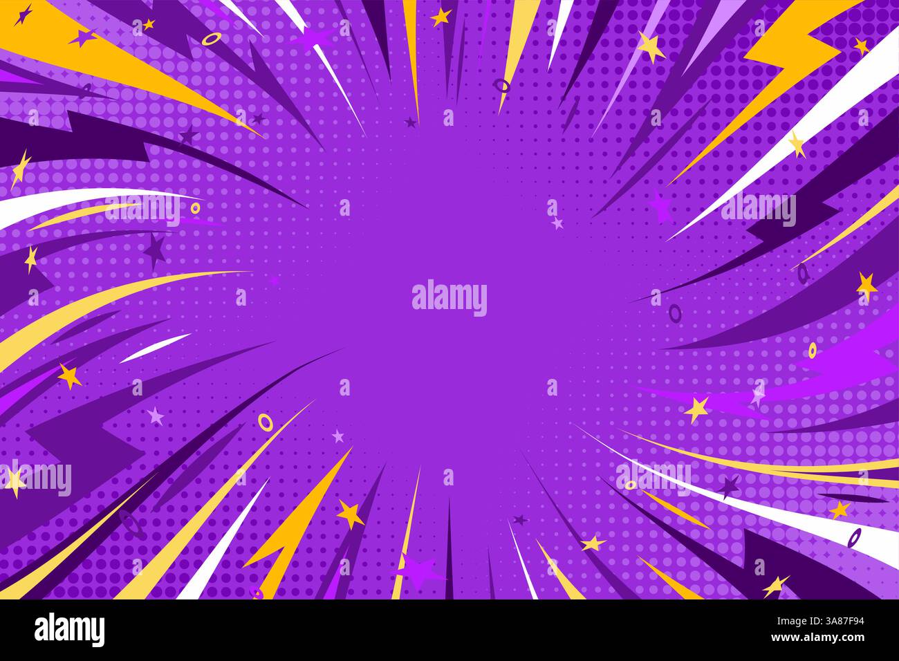 Blank comic book cartoon purple background with thunder lightning. Pop ...