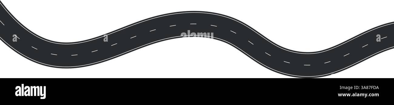 Winding road top view, curved highway path with lane markings, long ...