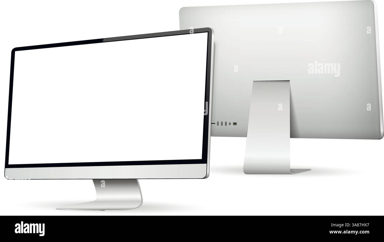 Realistic computer screen. Computer display front and back view. Vector ...