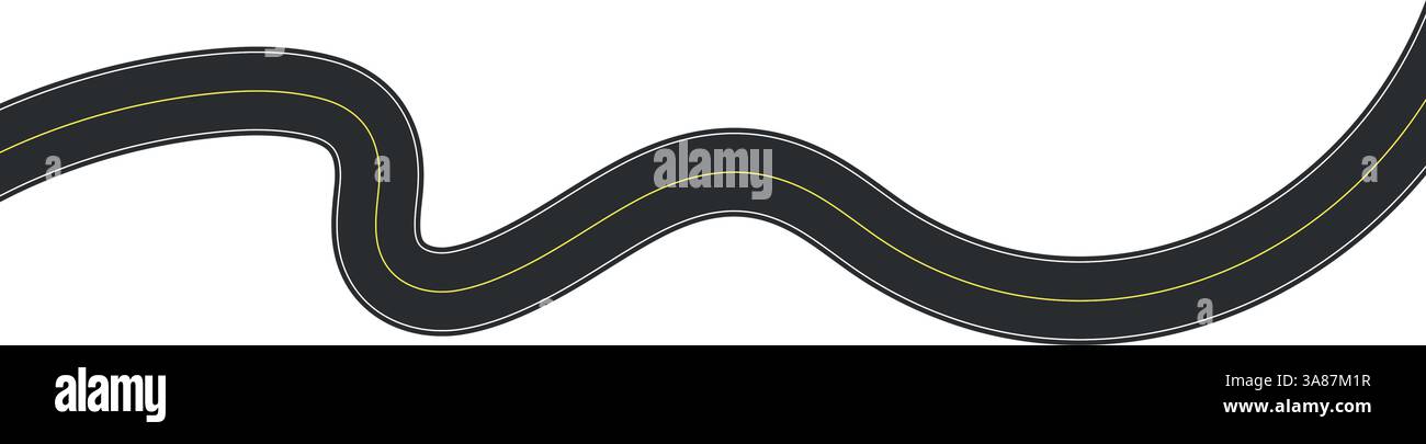 Winding road top view, curved highway path with lane markings, long ...