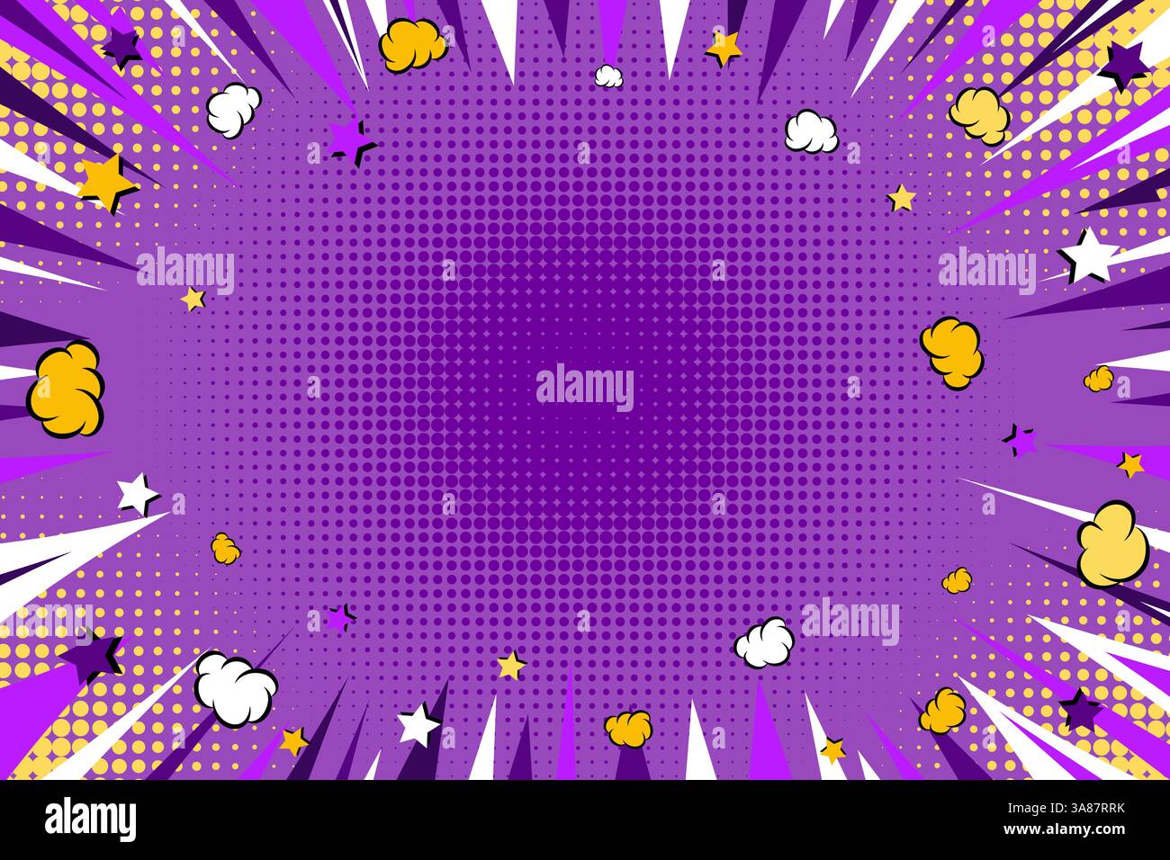 Comic cartoon purple background with motion rays and clouds. Modern creative pop art purple ...