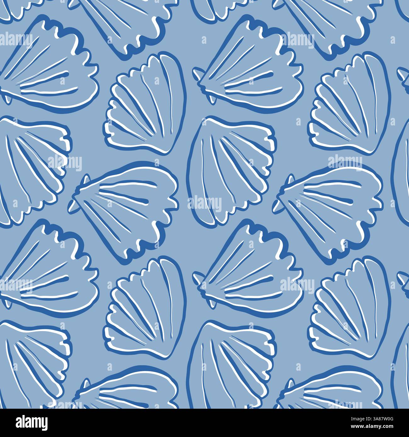 Hand drawn sea shells scallops blue seamless pattern in doodle sketchy ...