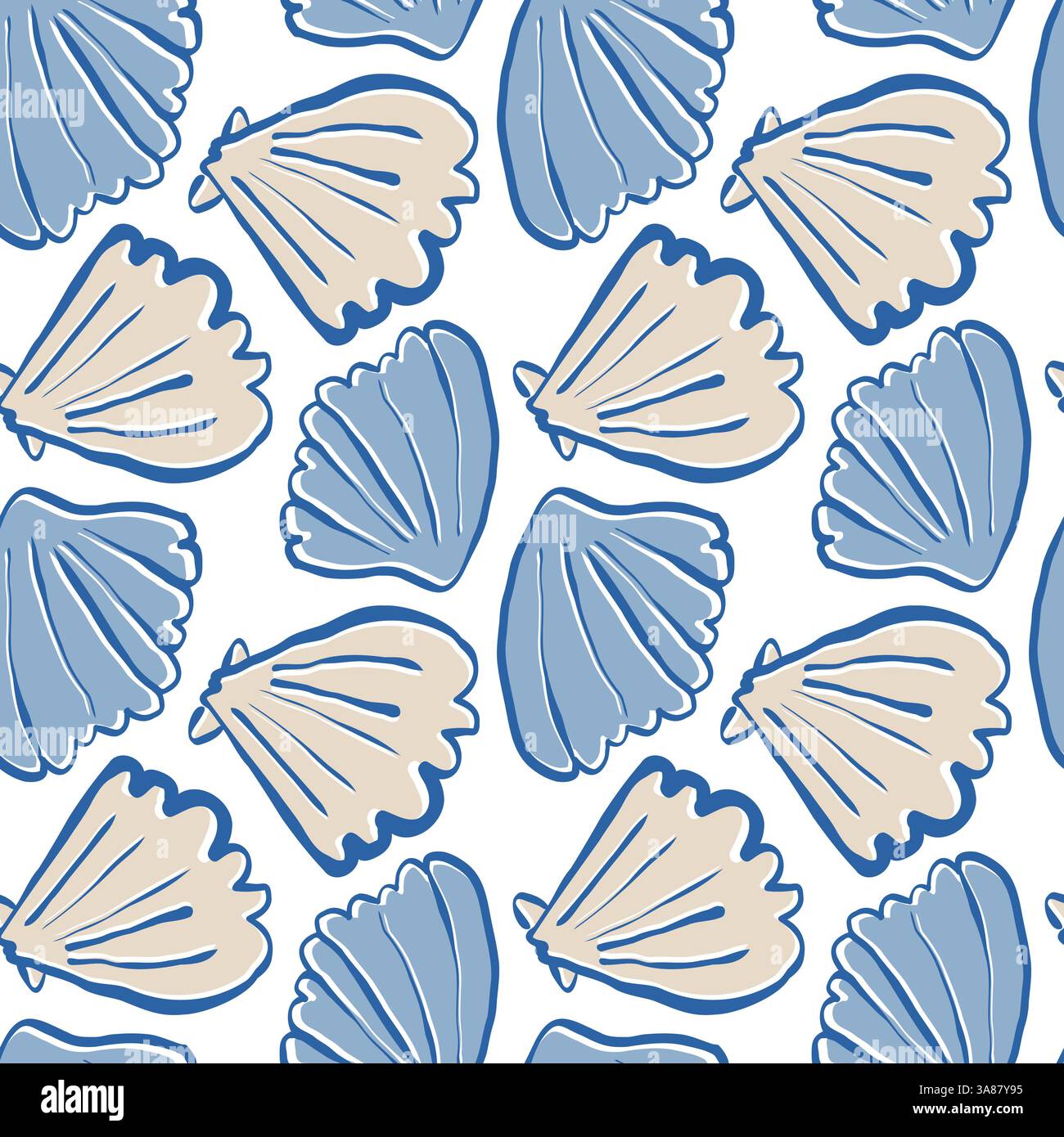 Hand drawn sea shells scallops blue beige seamless pattern in doodle ...