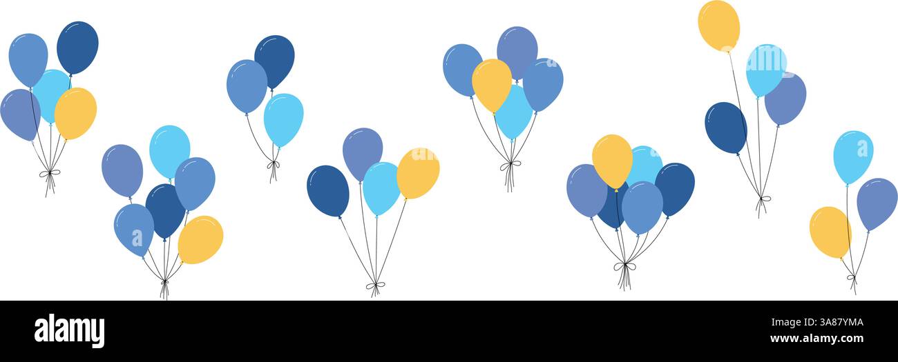 Bundle of balloons with strings, simple doodle outline, floating party ...