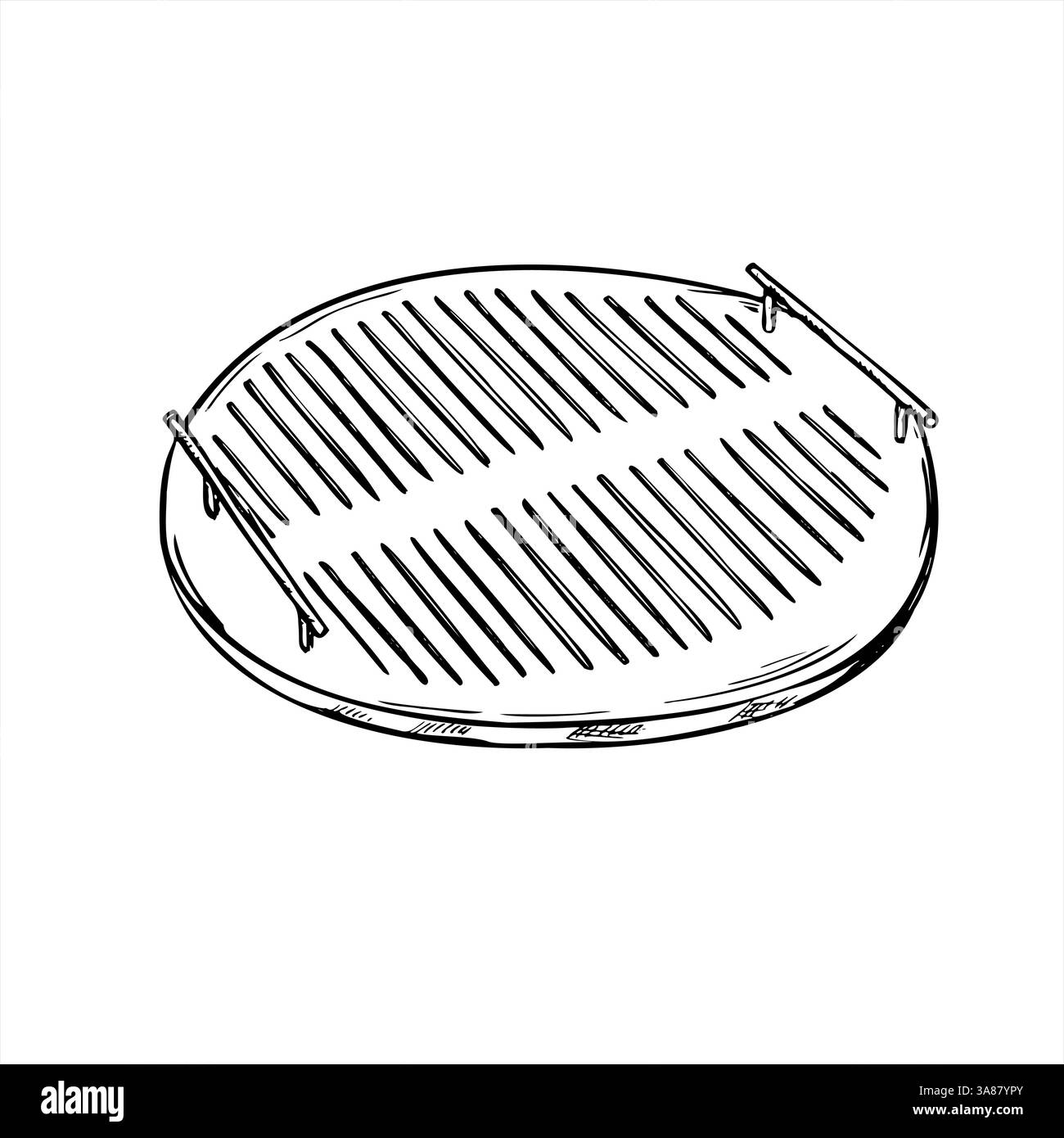 Vector round grill grid with two handles line ink illustration in black ...