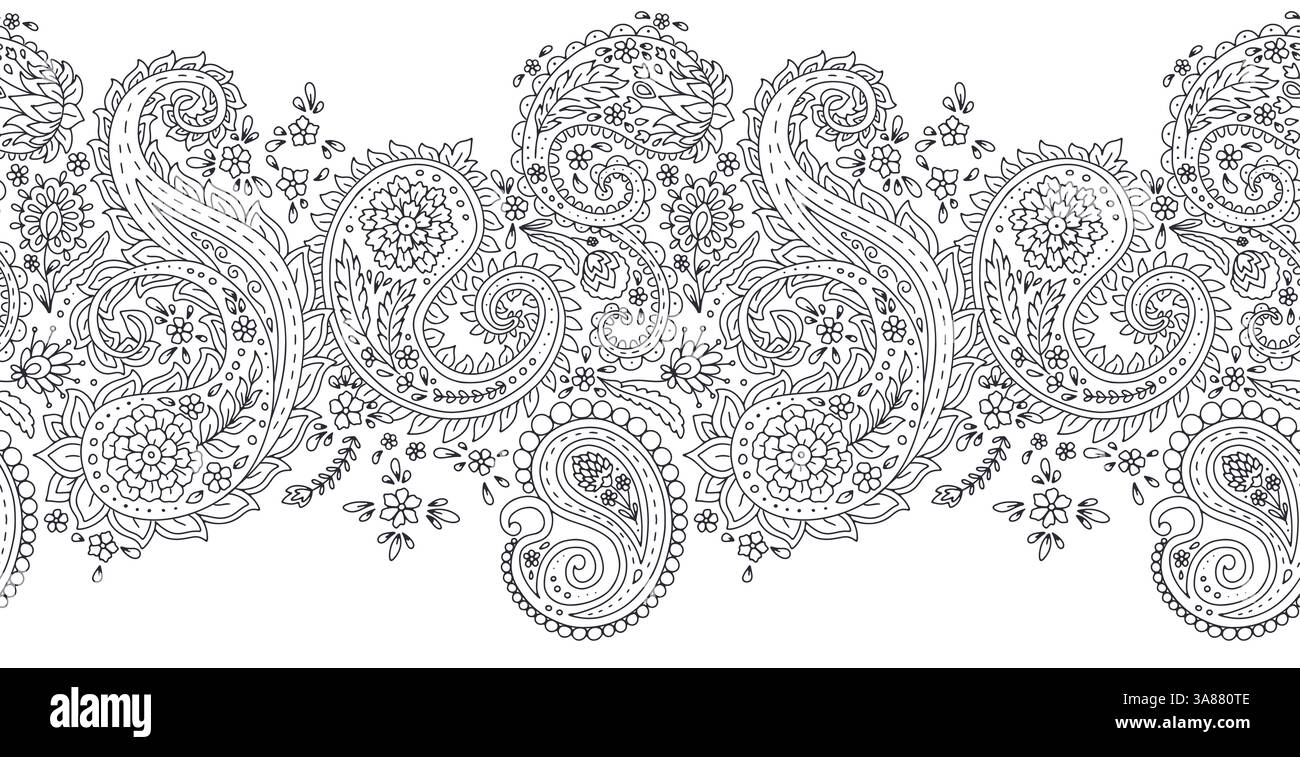 Seamless border with black and white paisley floral pattern. Intricate ...