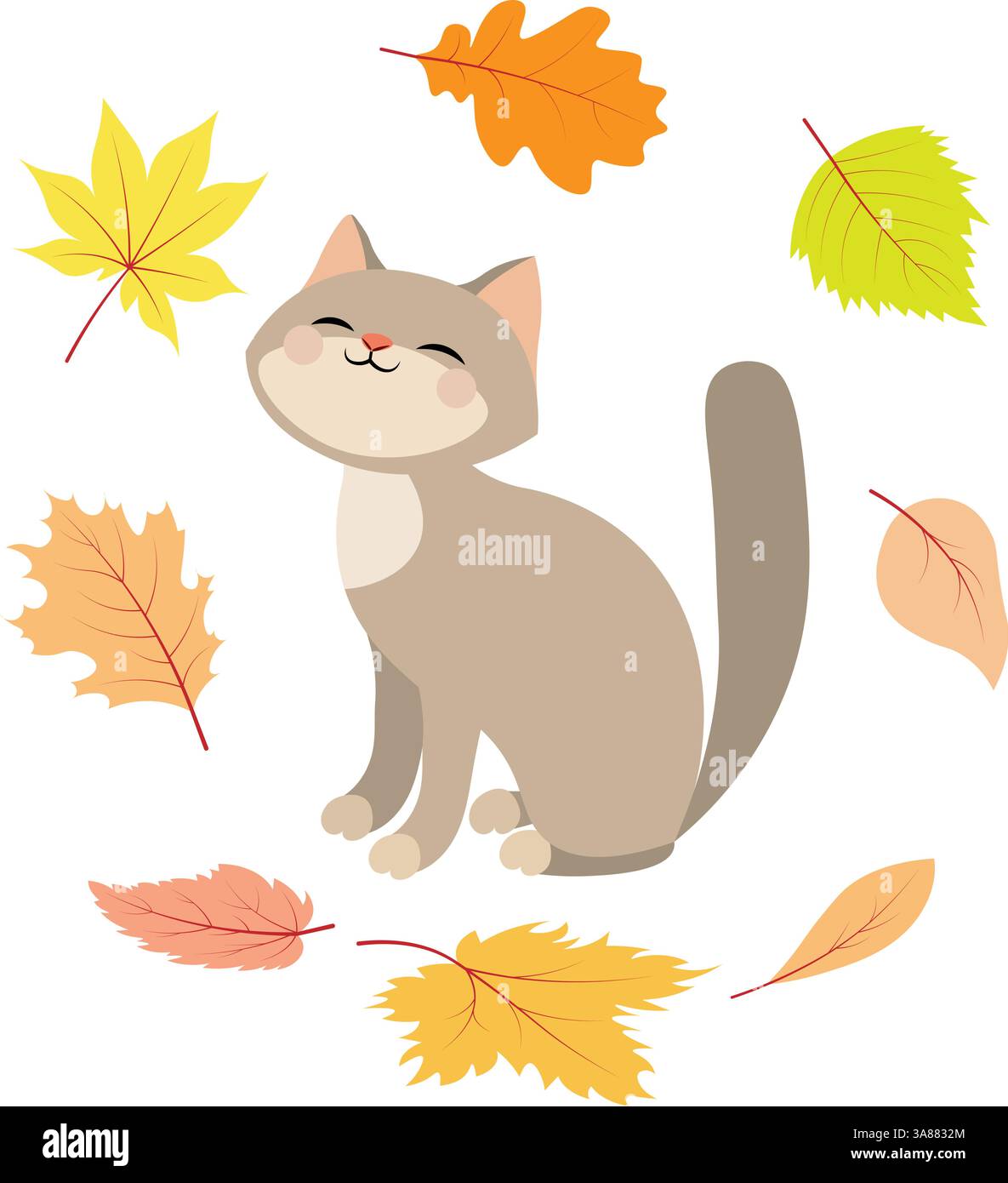 Autumn mood. Cute kitten surrounded by autumn leaves. Autumn collection ...