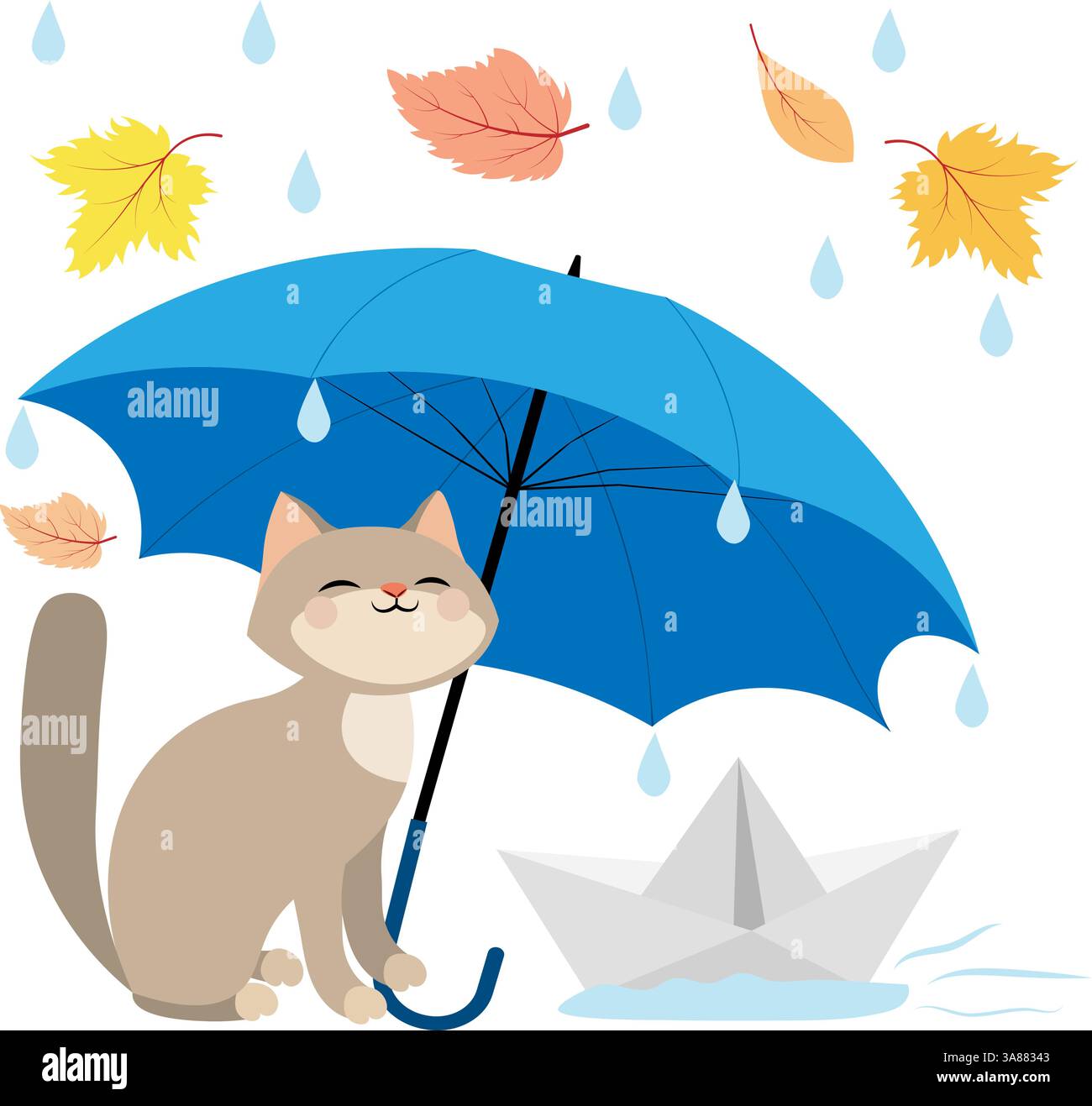 Autumn mood. Cute kitten with an umbrella in the rain surrounded by ...